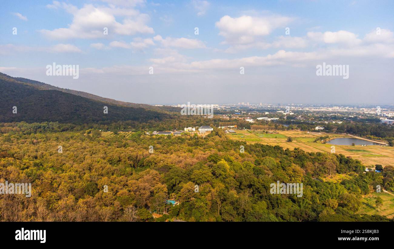 Wide angle aerial view of Chiang Mai city, Thailand, with Doi Suthep ...