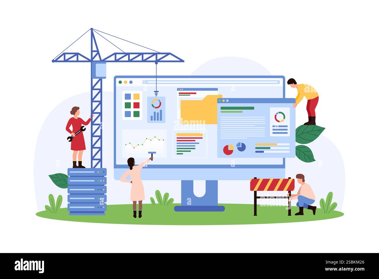 Tiny people building a website with a crane and tools, illustrating web development, site ...