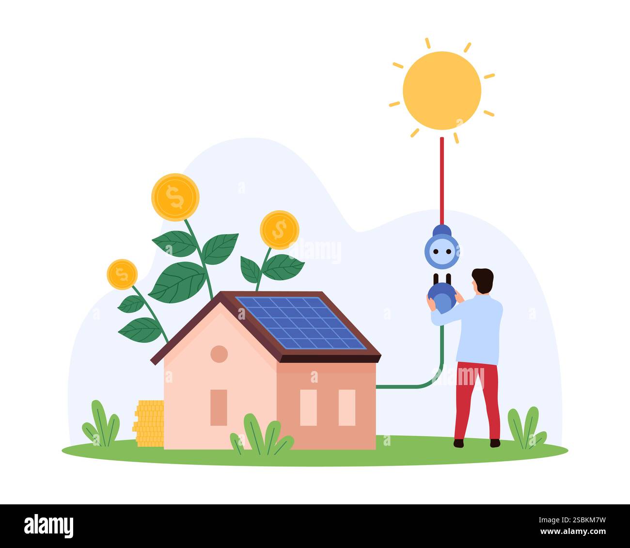 Tiny person connecting a smart home to solar energy, illustrating ...