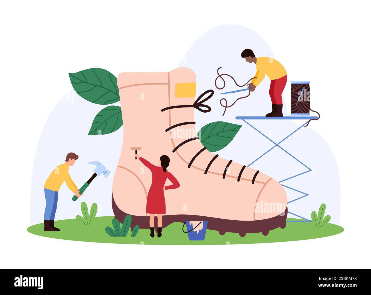 Tiny people tailoring and repairing a large shoe with tools ...