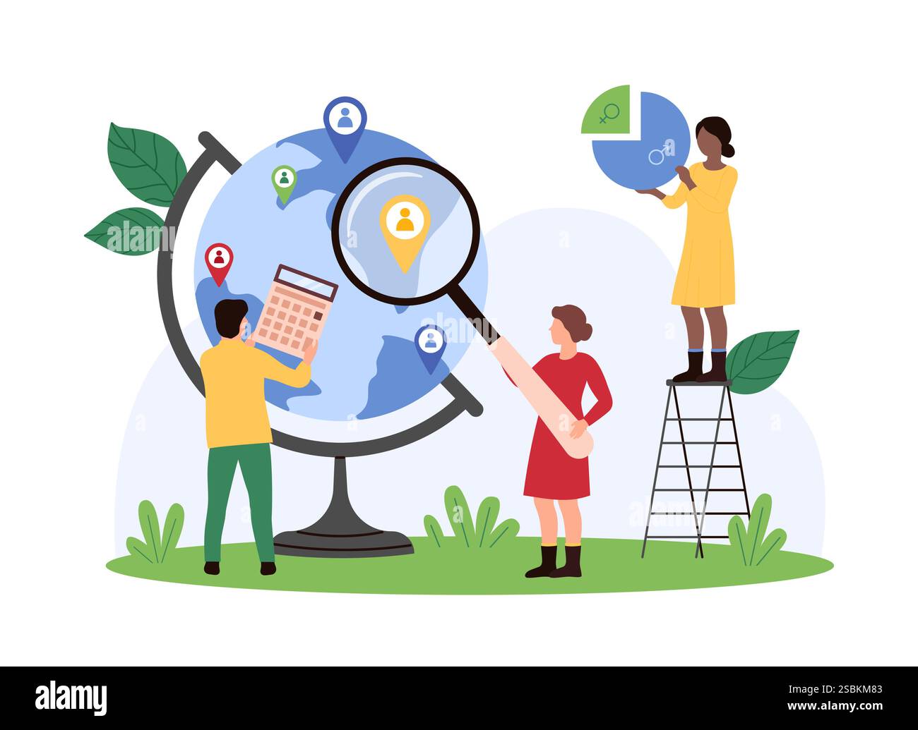 Tiny people analyzing global demographics with a globe, magnifying ...
