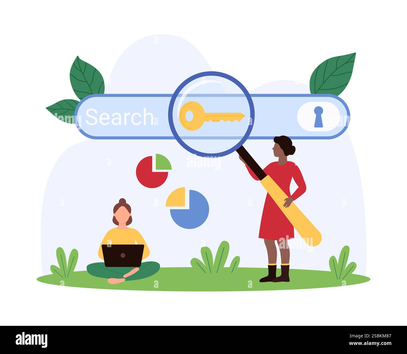 Tiny people using a magnifying glass and charts to search for ...