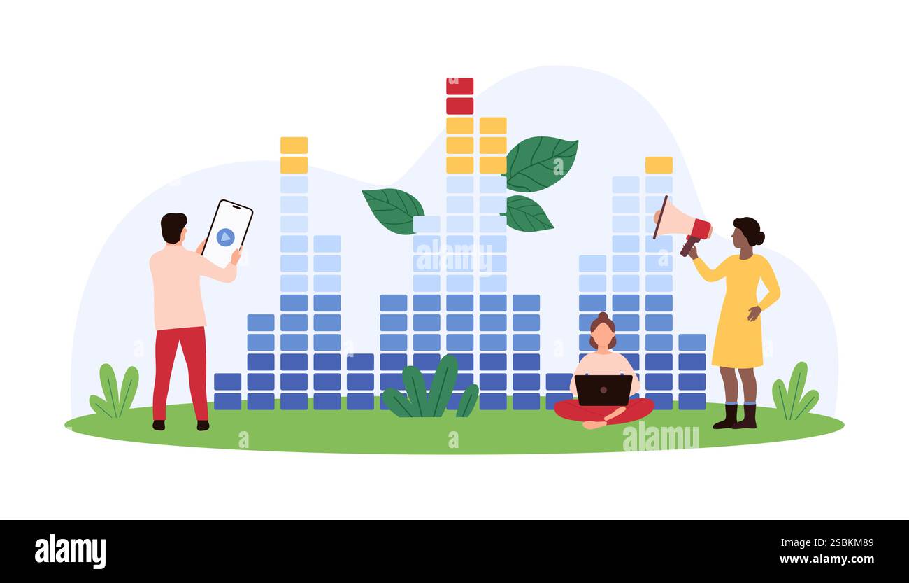 Tiny people managing sound waves and audio devices, illustrating audio ...