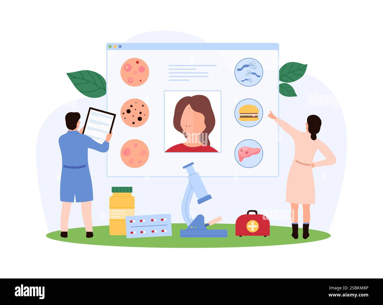 Tiny people analyzing skin health, studying dermatology issues and ...