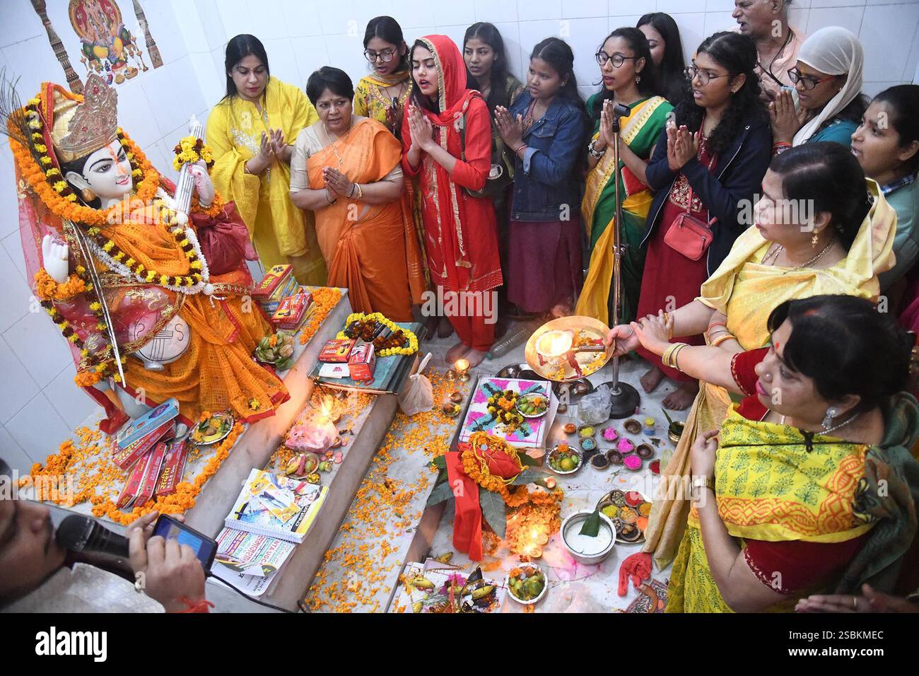 PATNA, INDIA - FEBRUARY 3: Teachers and students worshiping idol of ...
