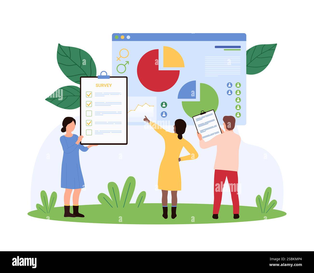 Tiny people conducting sociological surveys with charts and checklists, illustrating demographic ...