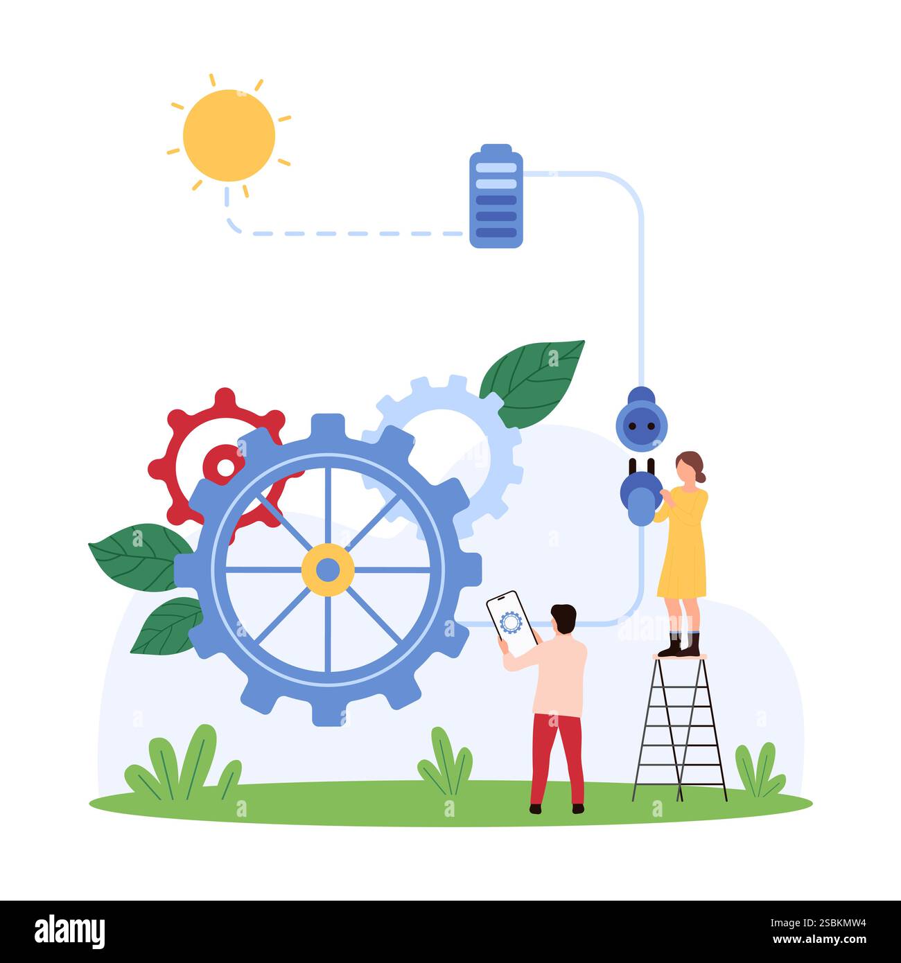 Tiny people working with gears and a solar energy system, illustrating ...