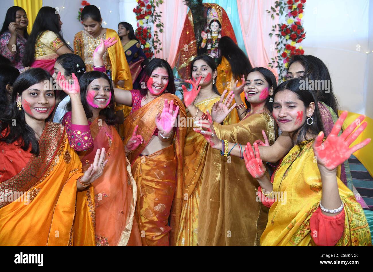 PATNA, INDIA - FEBRUARY 3: Students celebrating in front of idol of ...