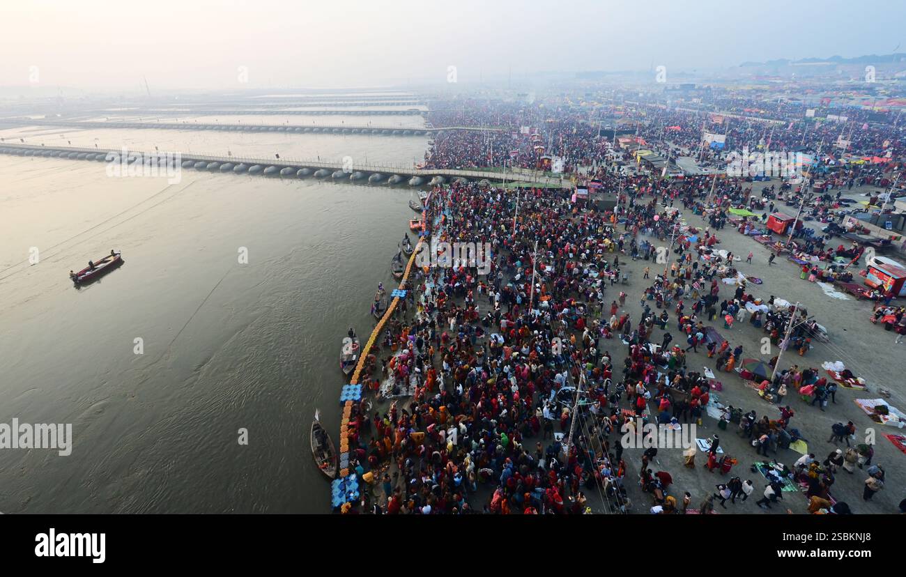 PRAYAGRAJ, INDIA - JANUARY 28: A large number of devotees took a holy ...