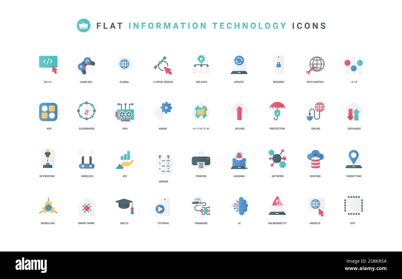 Information technology, network cybersecurity and tech support with AI, hardware color icon set ...