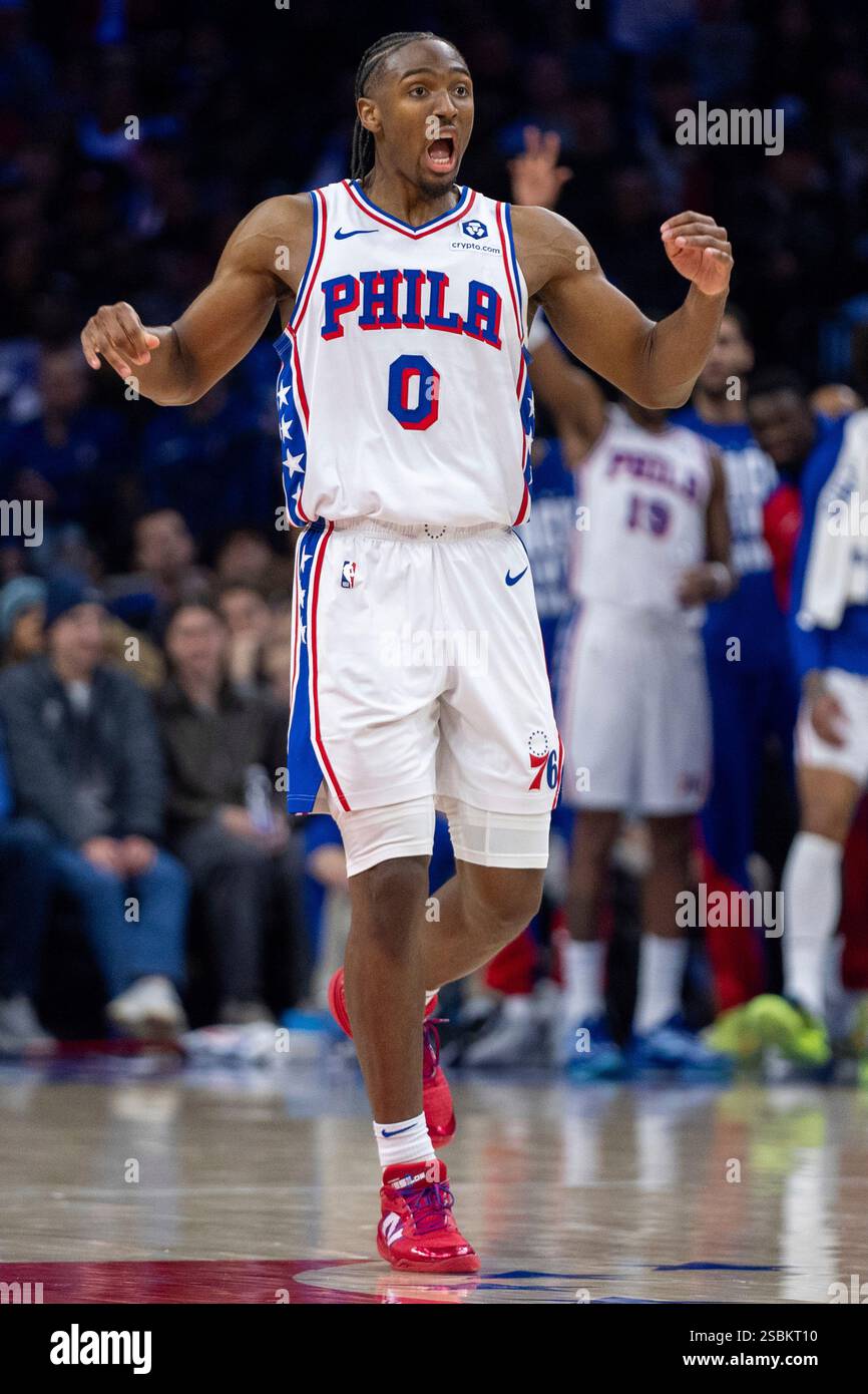 Philadelphia 76ers' Tyrese Maxey reacts during the NBA basketball game ...