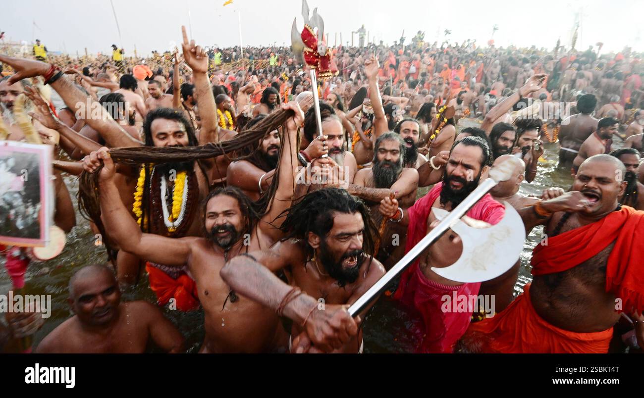 PRAYAGRAJ, INDIA - FEBRUARY 3: Naga Sadhu taking a holy dip during the ...