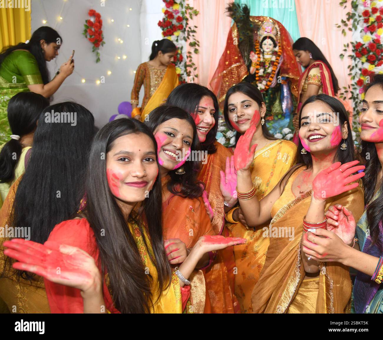 PATNA, INDIA - FEBRUARY 3: Students celebrating in front of idol of ...