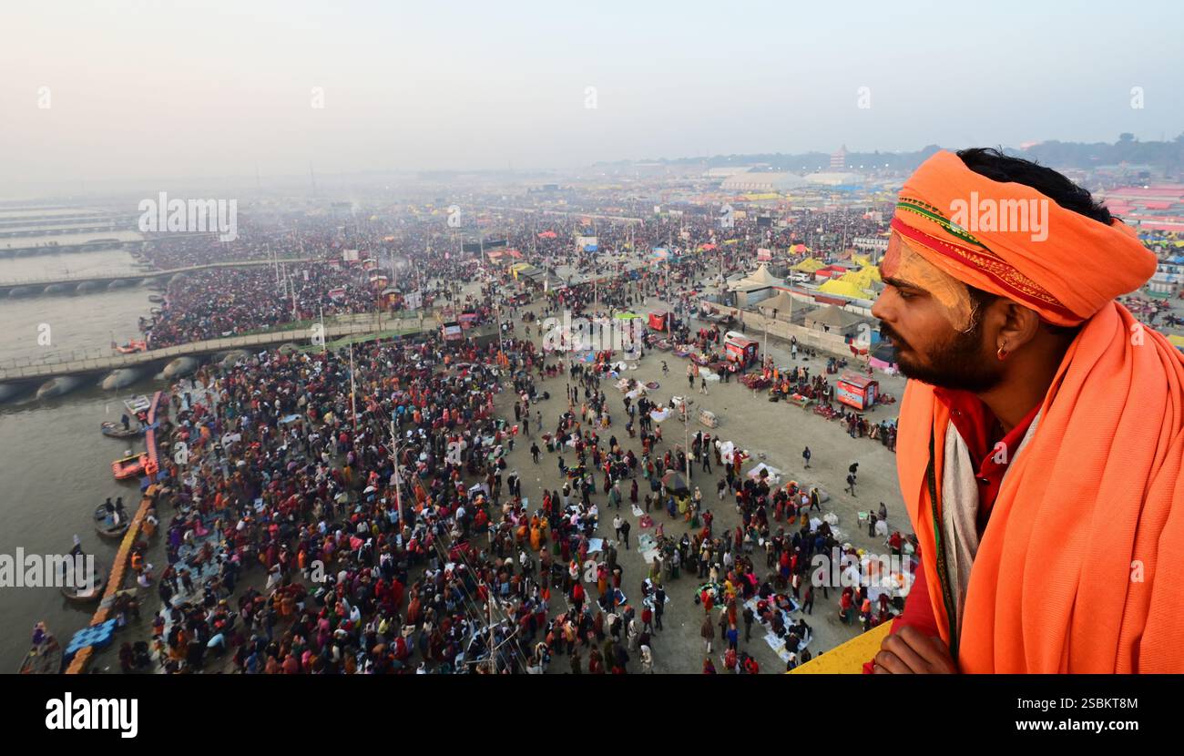 PRAYAGRAJ, INDIA - JANUARY 28: A large number of devotees took a holy ...