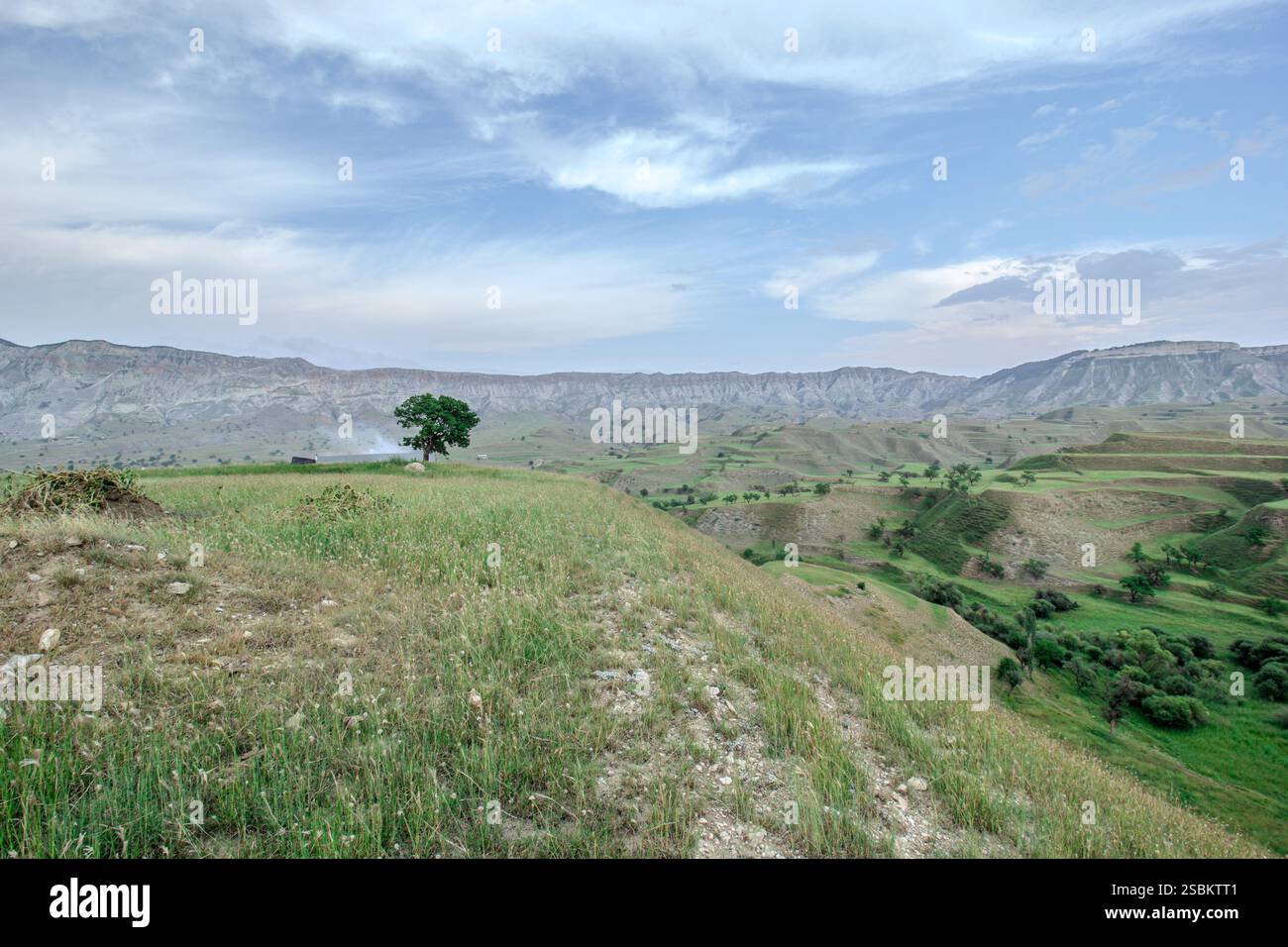 View of green pyramid-shaped layered mountains in the Caucasus Stock ...