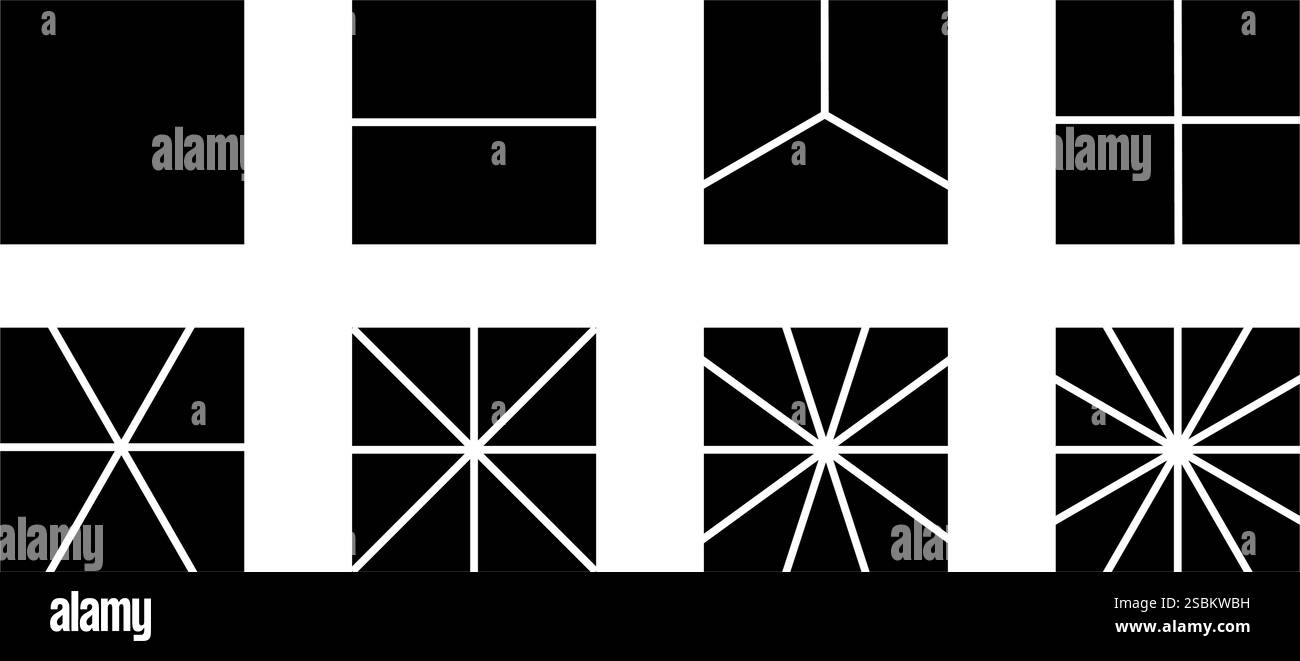 Square shapes divided into sectors from 2 to 12 isolated on white background. Rectangular ...