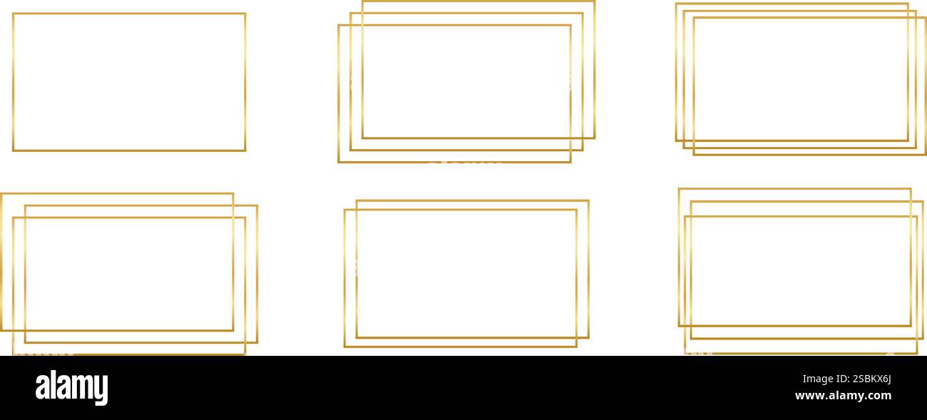 Set of golden rectangle frames. Shiny rectangular borders, glowy ...