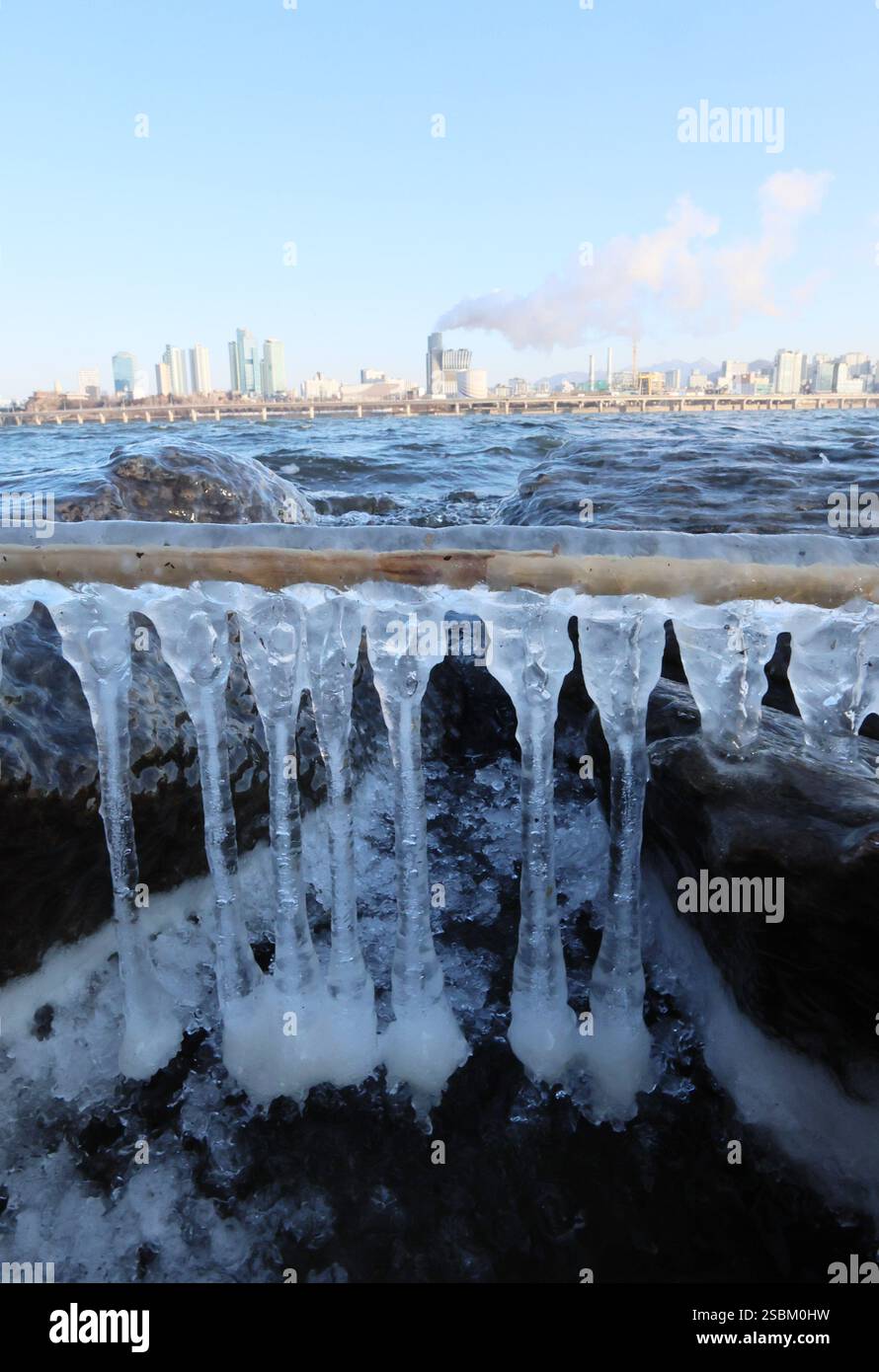 04th Feb, 2025. Cold snap Icicles hang from a rope at a park along the ...