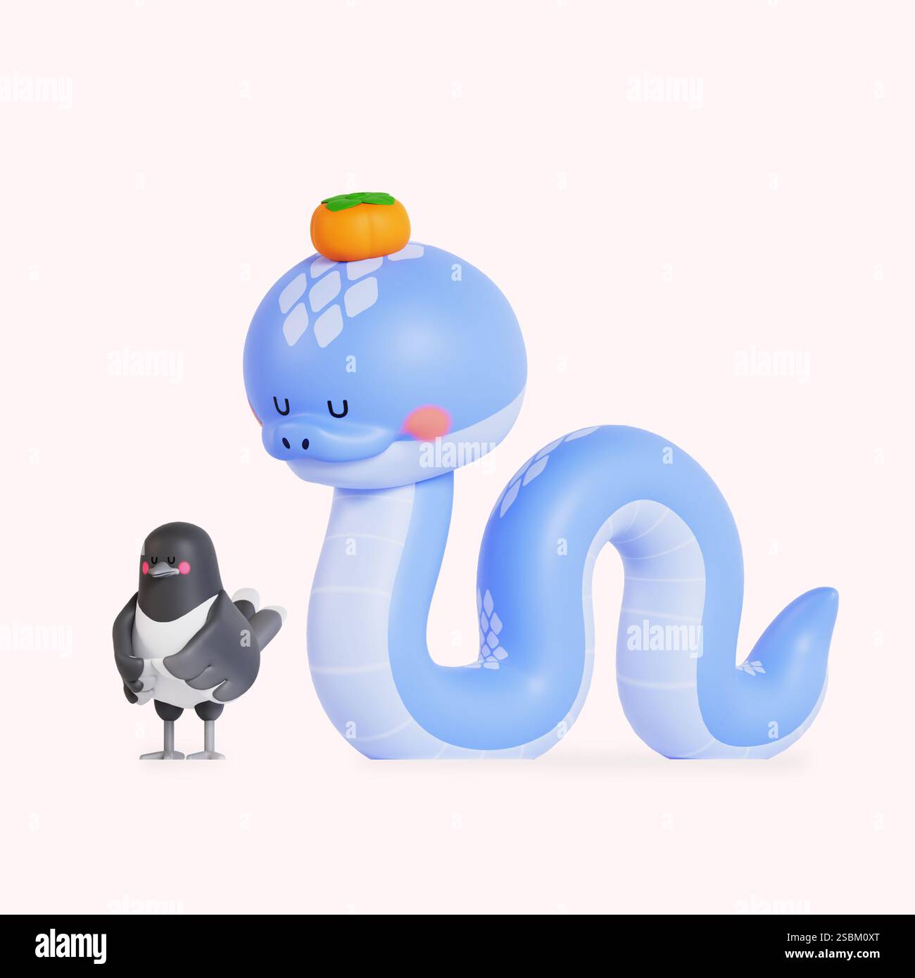 Magpie and blue snake characters greeting each other politely Stock ...