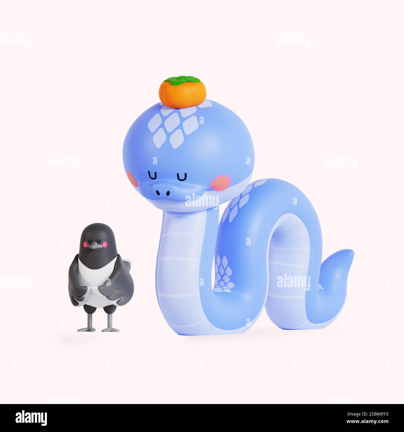 Magpie and blue snake characters greeting each other politely Stock ...