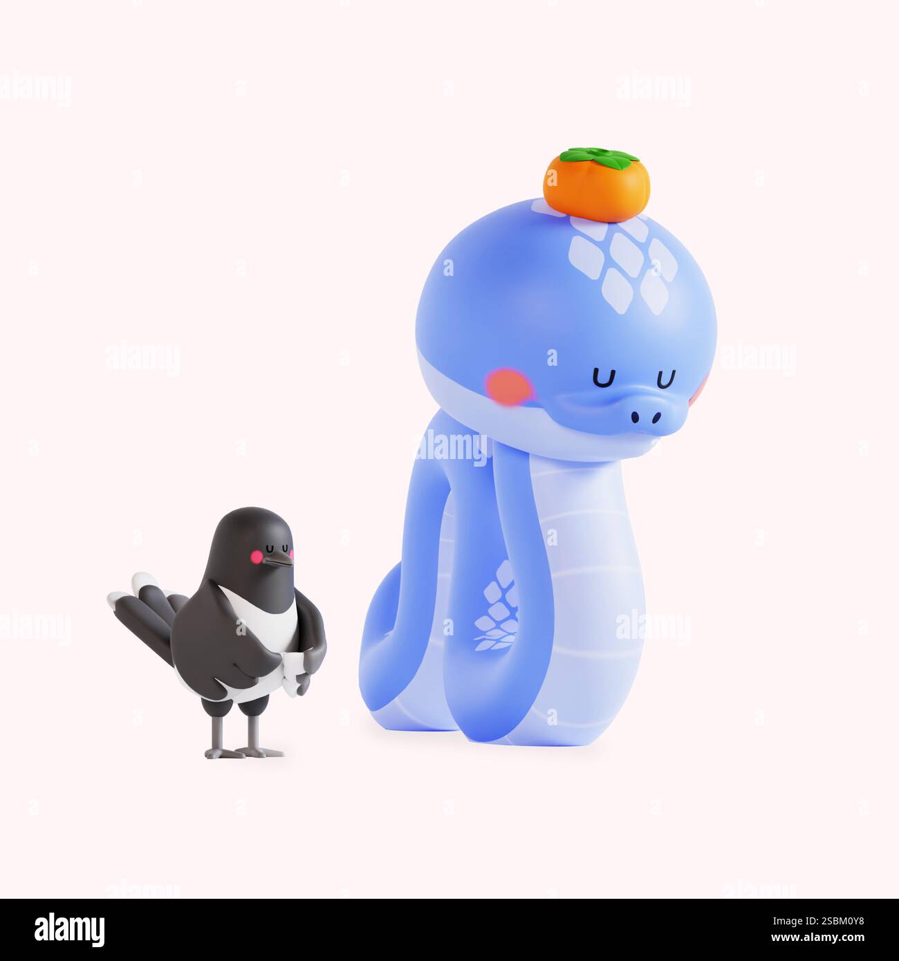 Magpie and blue snake characters greeting each other politely Stock ...