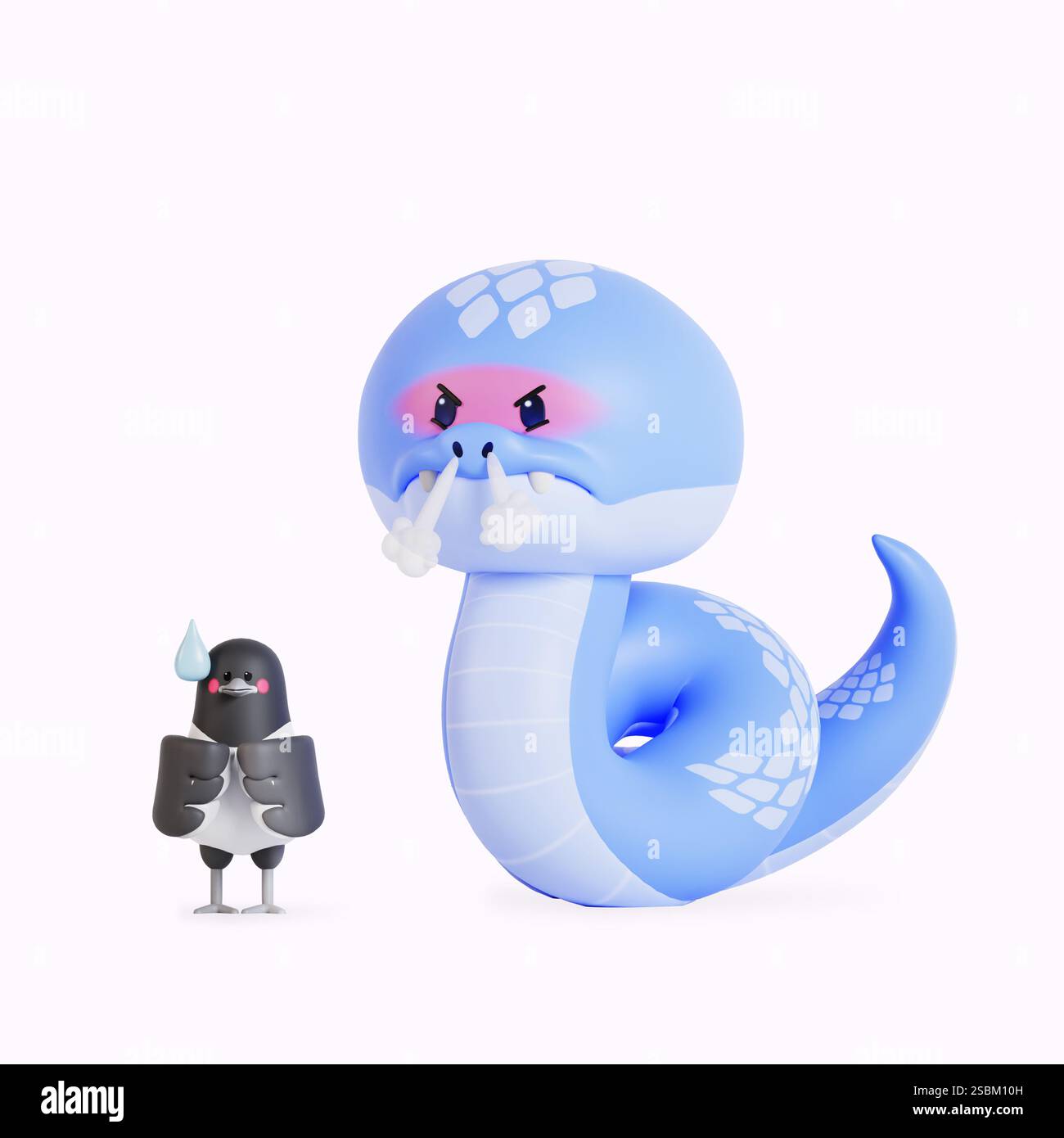 An angry blue snake character and an embarrassed magpie character Stock ...