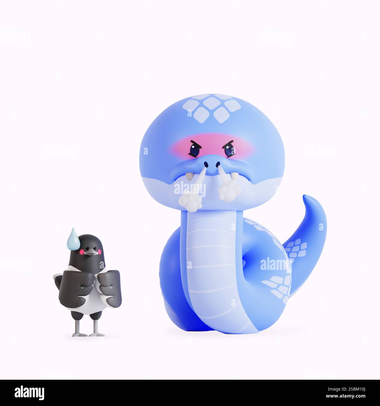 An angry blue snake character and an embarrassed magpie character Stock ...