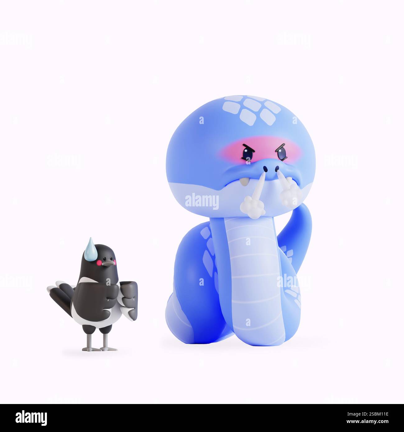 An angry blue snake character and an embarrassed magpie character Stock ...