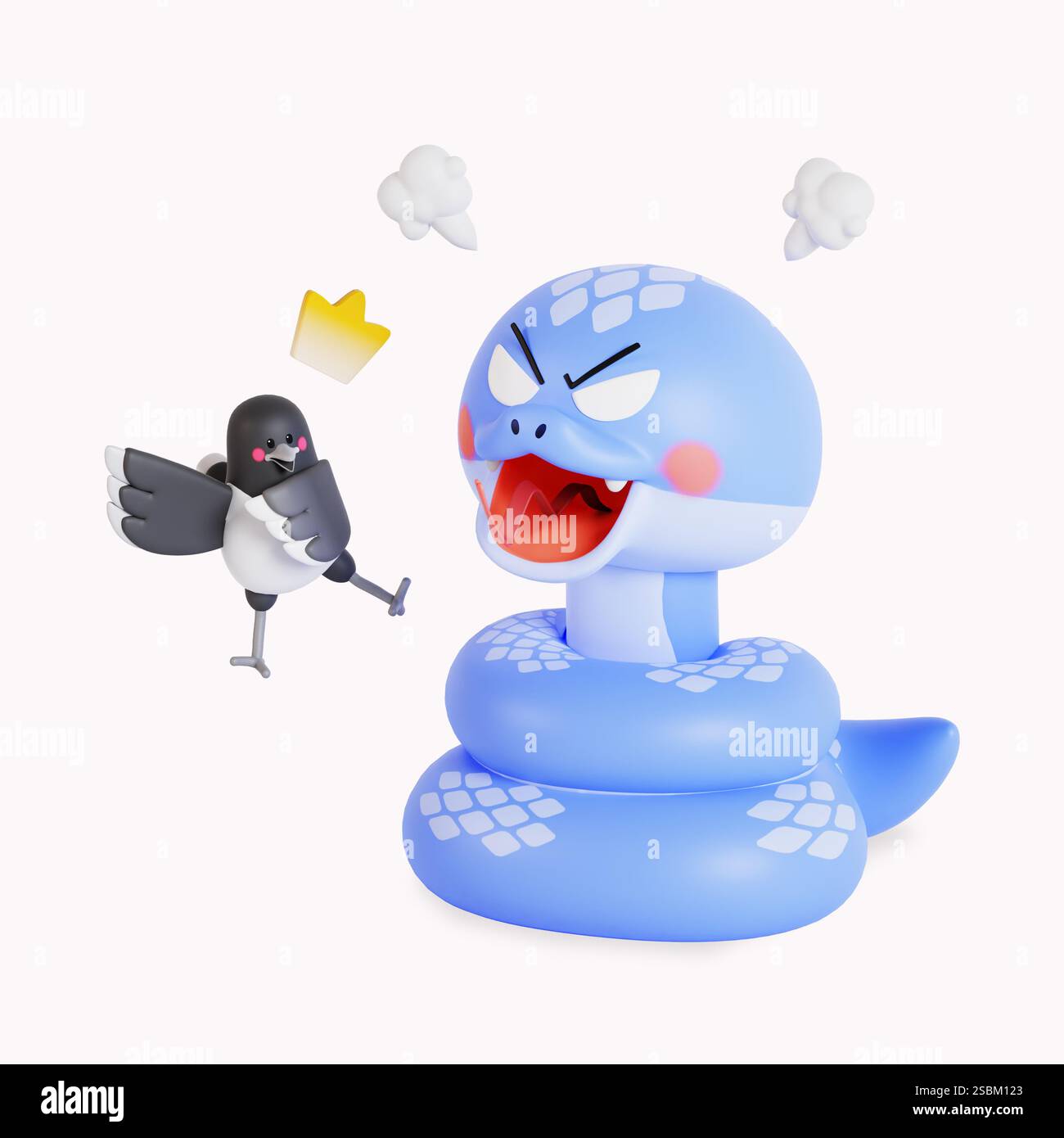A blue snake character shouting angrily and a startled magpie Stock ...