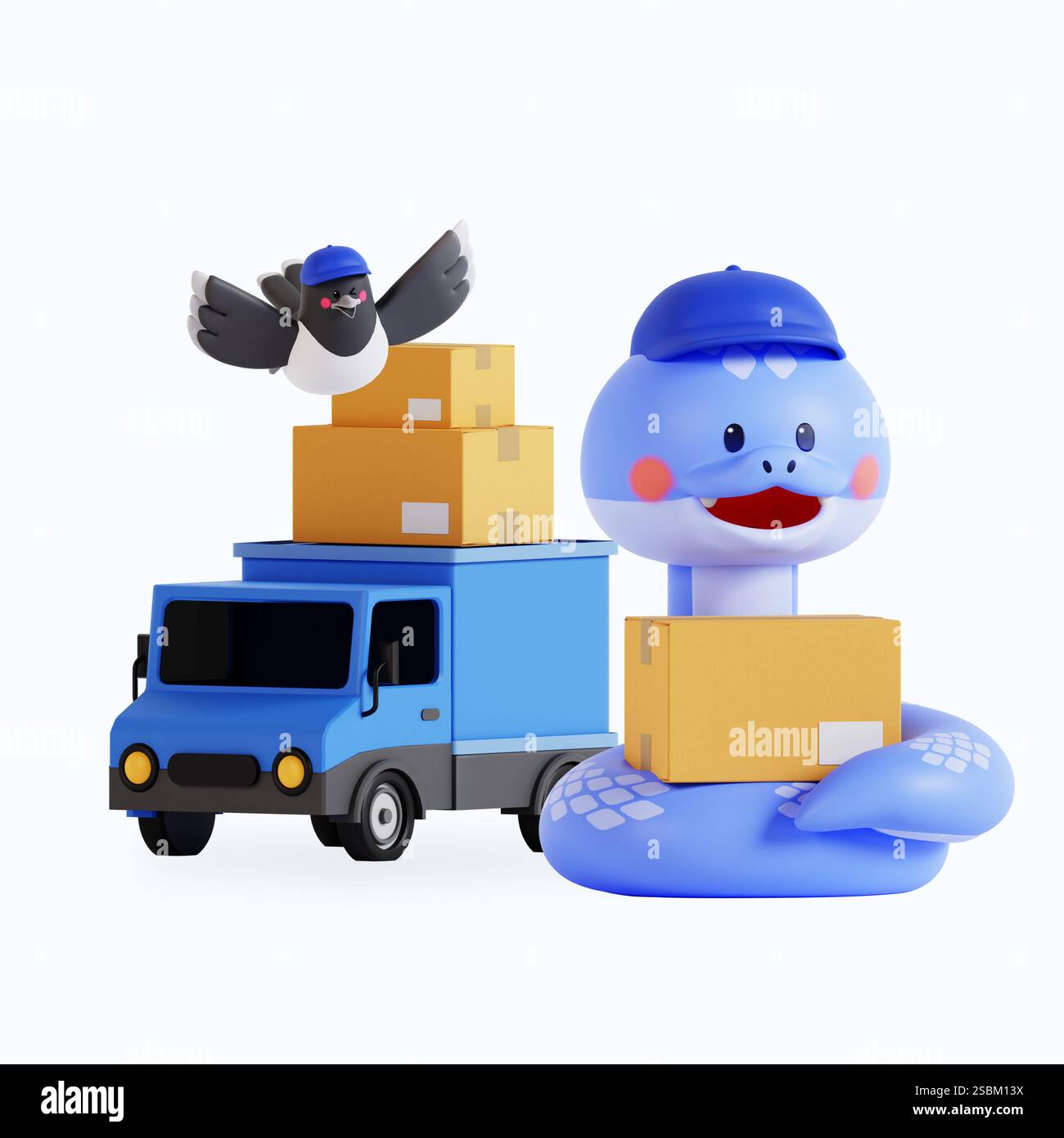 Snake and magpie loading and delivering goods on truck Stock Photo - Alamy