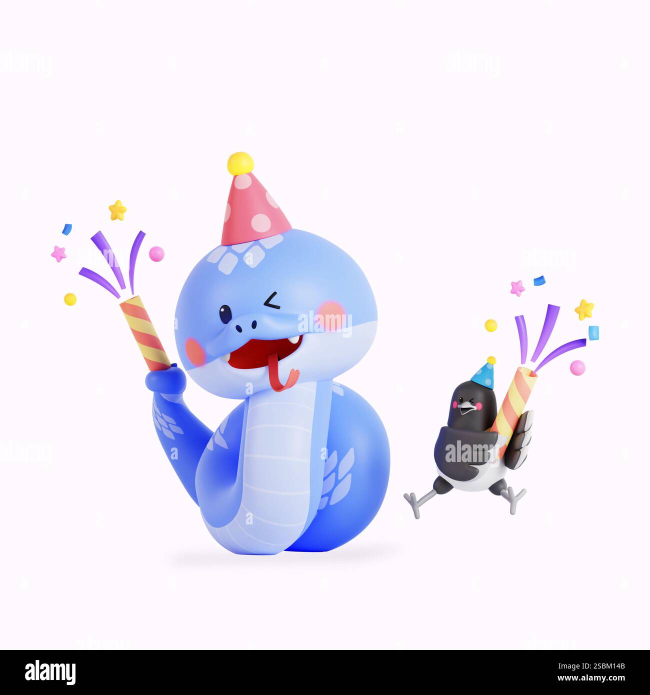 A snake and a magpie wearing a cone hat and setting off firecrackers ...