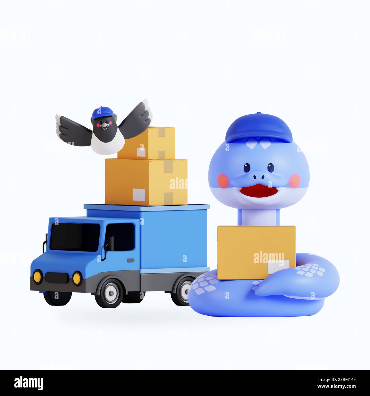 Snake and magpie loading and delivering goods on truck Stock Photo - Alamy