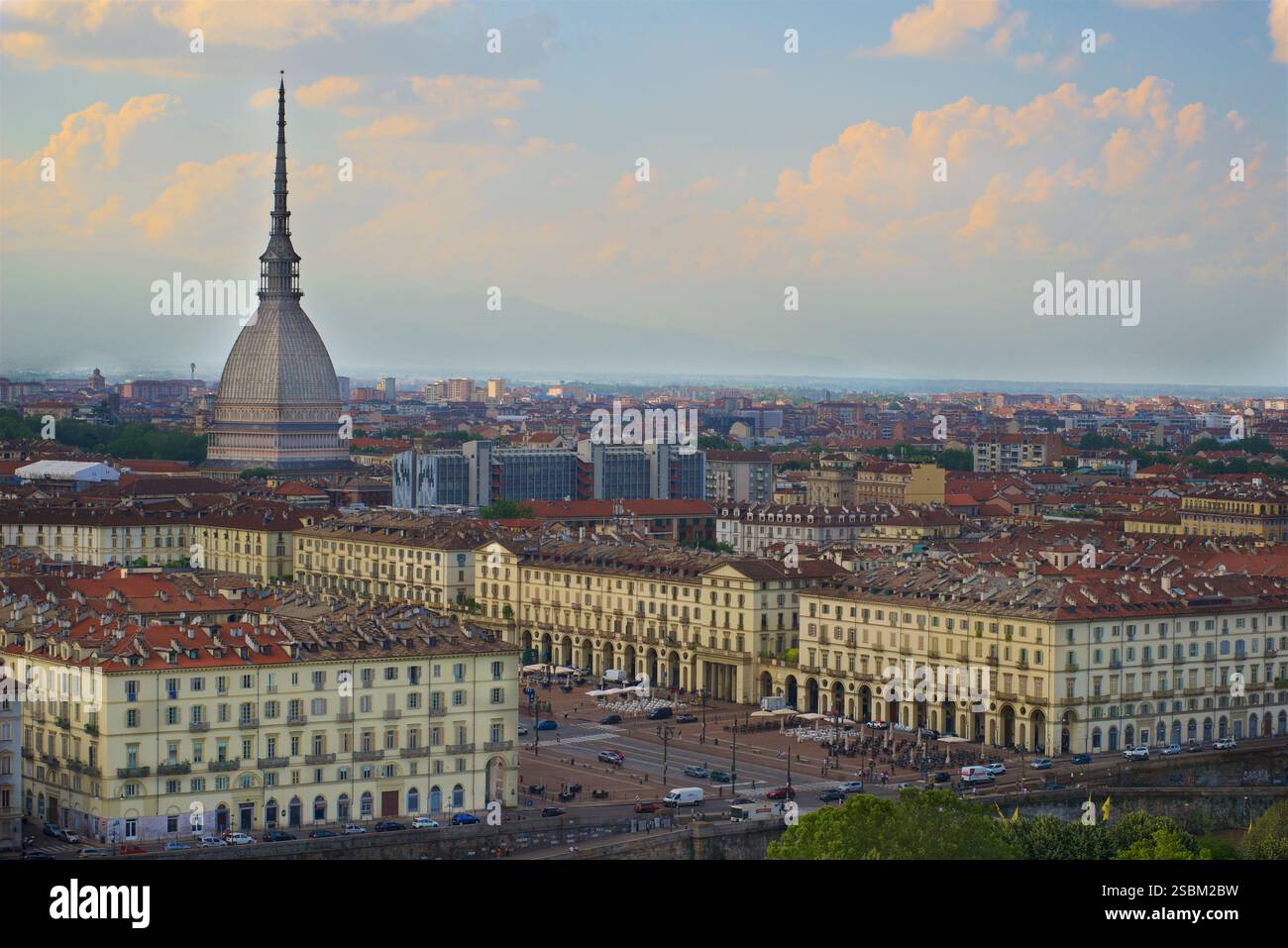 Piazza Vittorio Veneto, Torino and the towering Detail of the side of the Mole Antonelliana, a ...