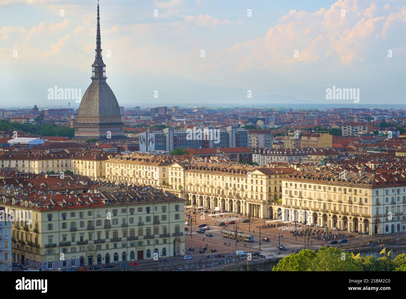 Piazza Vittorio Veneto, Torino and the towering Detail of the side of the Mole Antonelliana, a ...