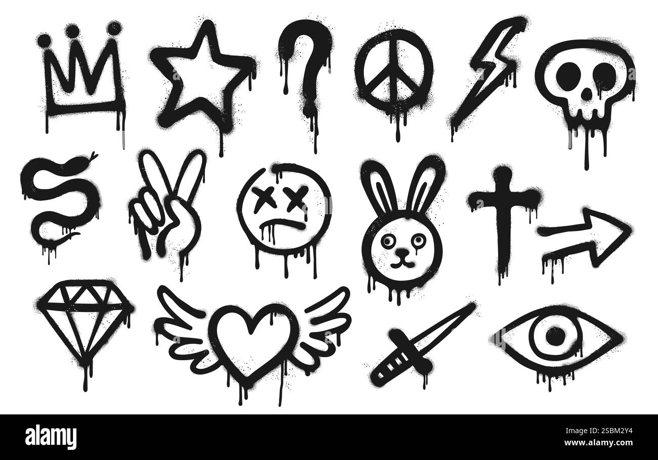 Graffiti grunge spray paint, street ink art. Vector skull, crown, dead ...