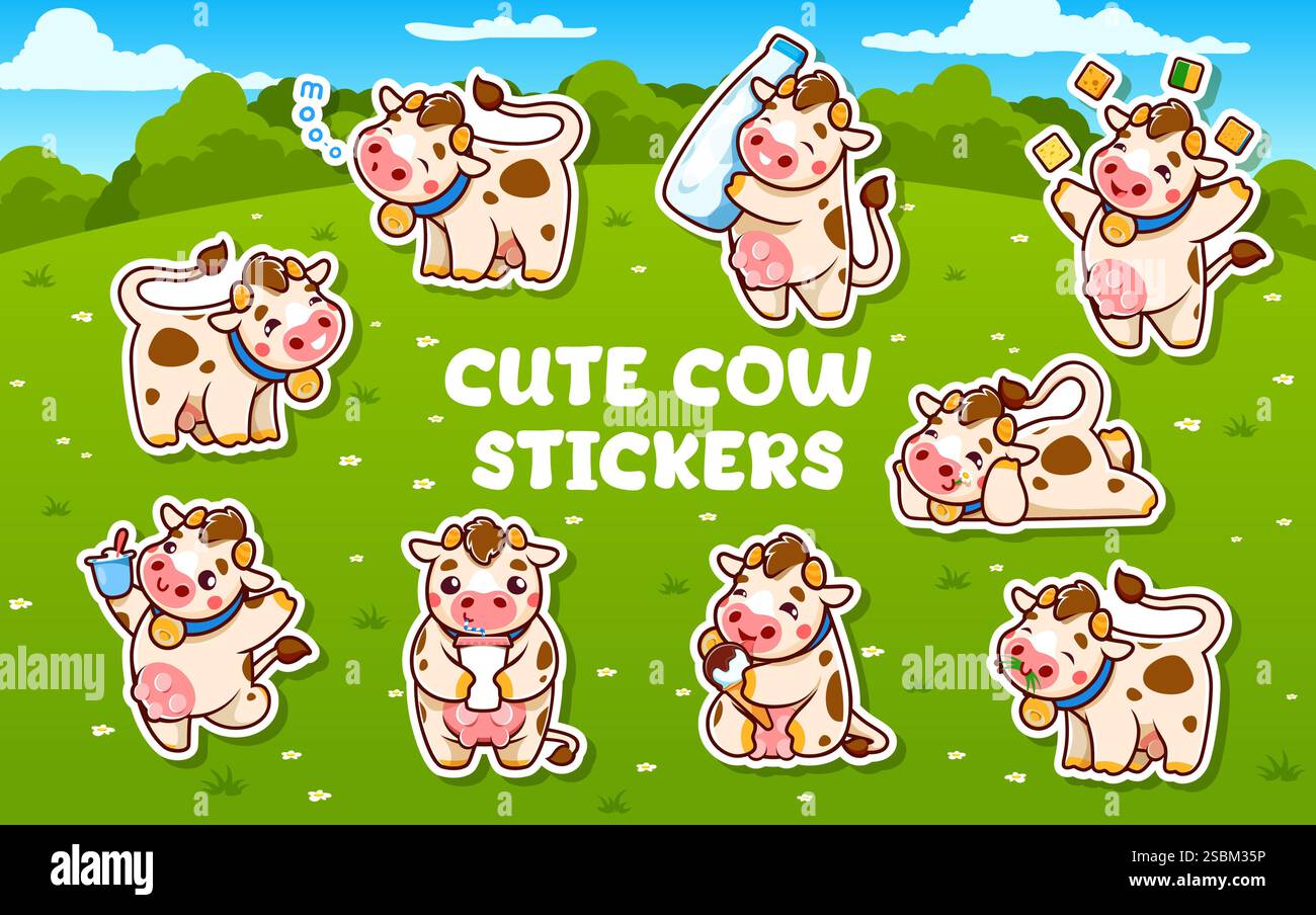Cartoon cute cow characters stickers pack of dairy farm animals with ...