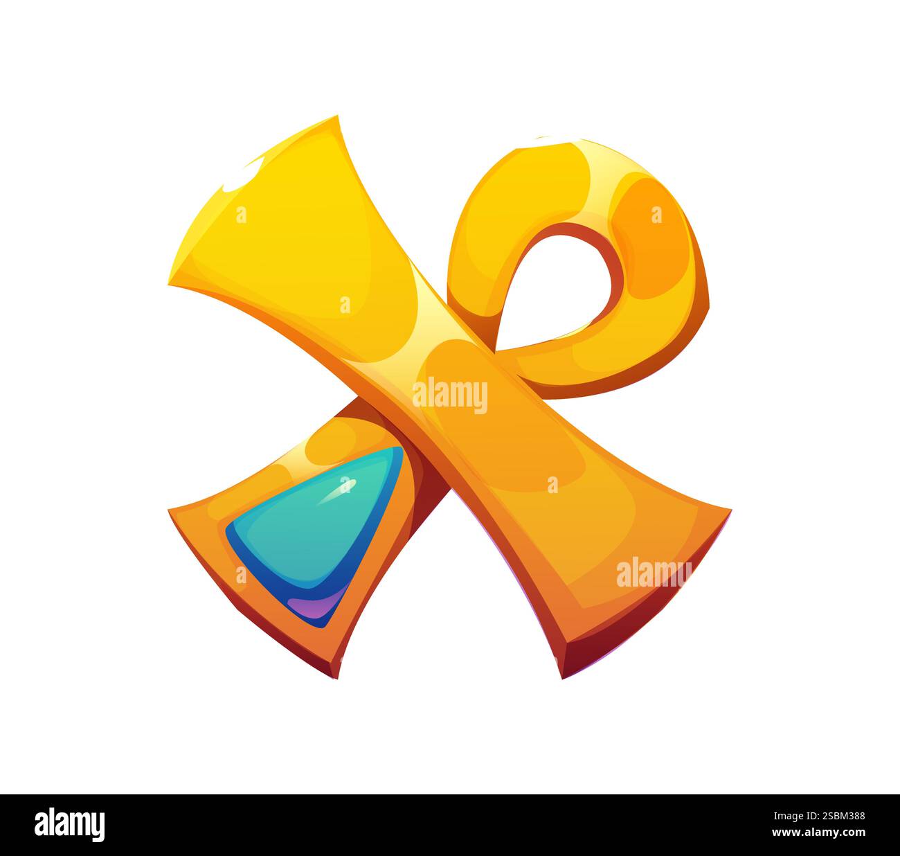 Cartoon Egyptian font golden ankh X letter. Ancient mythology English ...