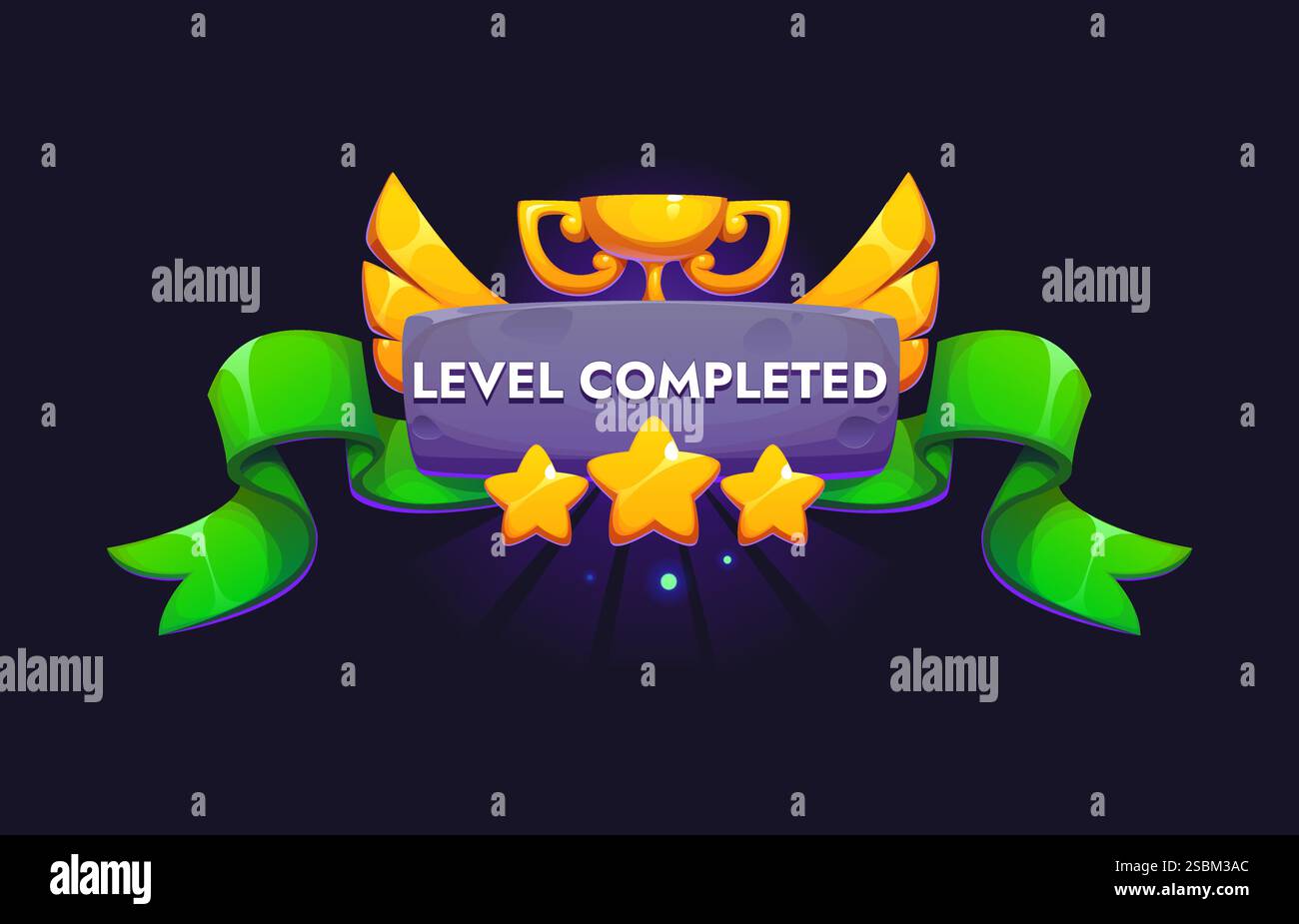 Level completed game badge with victory golden goblet cup and stars, vector GUI asset. Level up ...