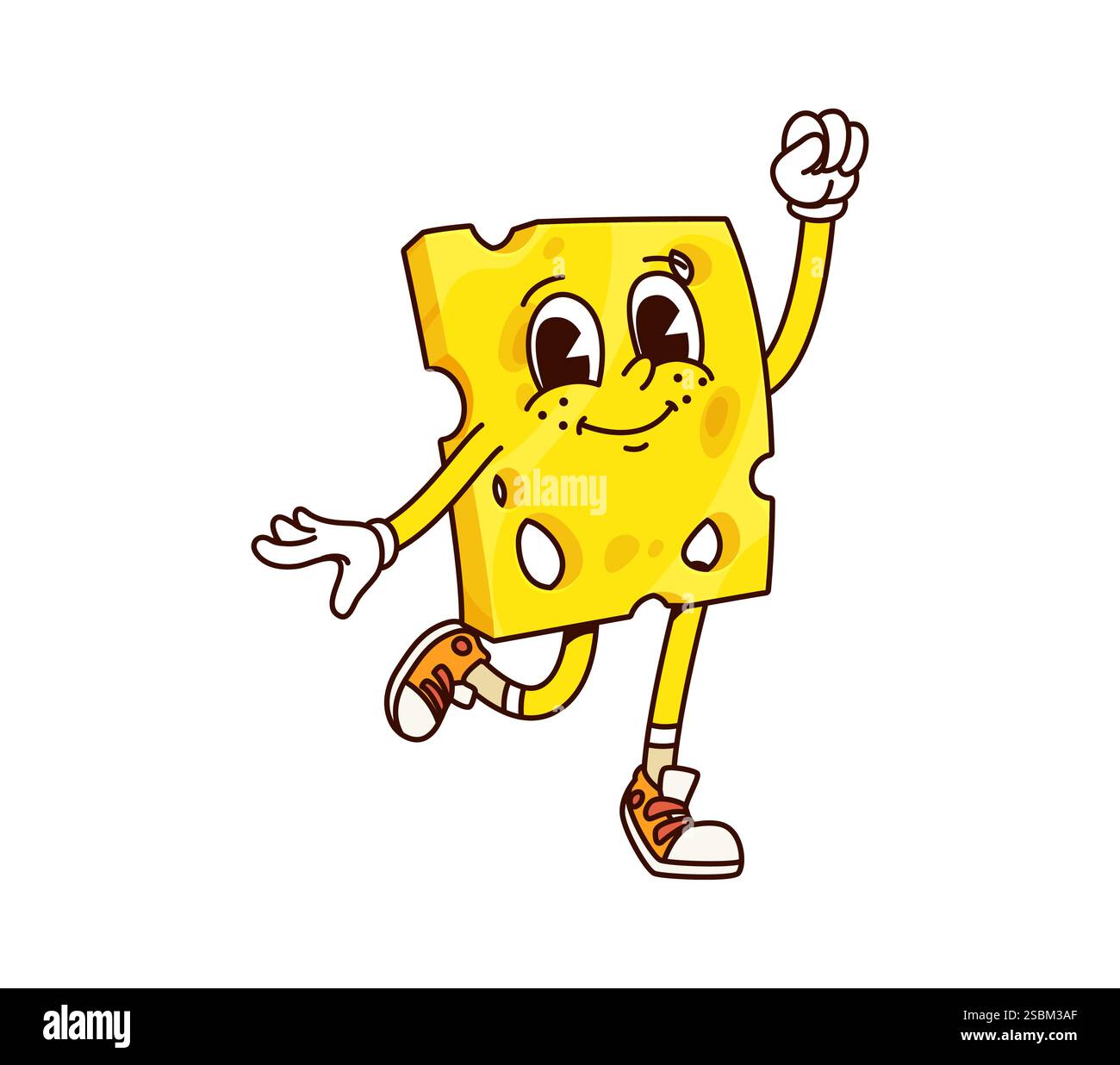 Groovy breakfast cheese slice character making fist up gesture with ...