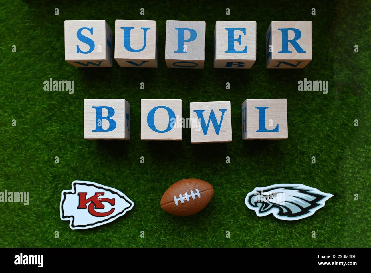 February 3, 2025, United States. Emblems of the 2025 Super Bowl teams ...