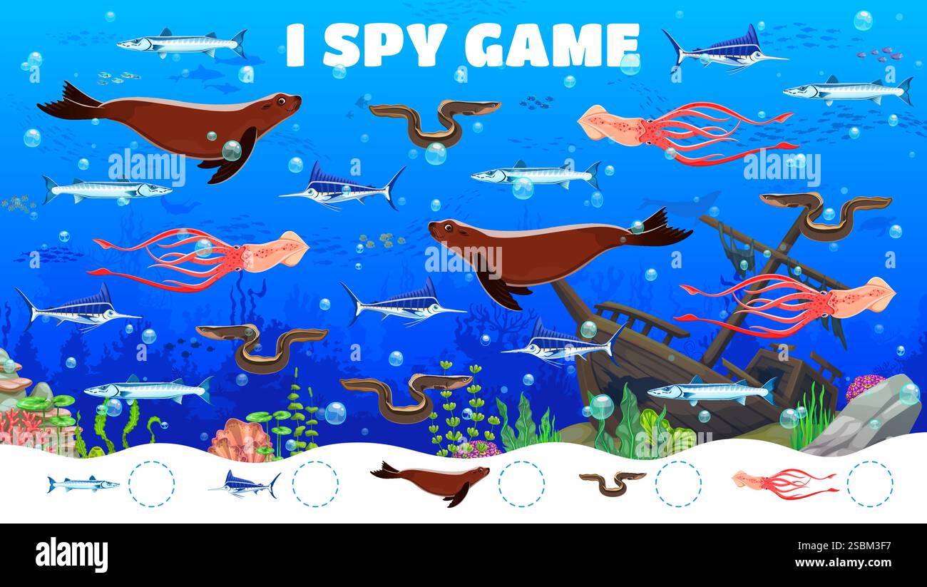 Kids i spy game worksheet with sea animals. Counting puzzle, object ...