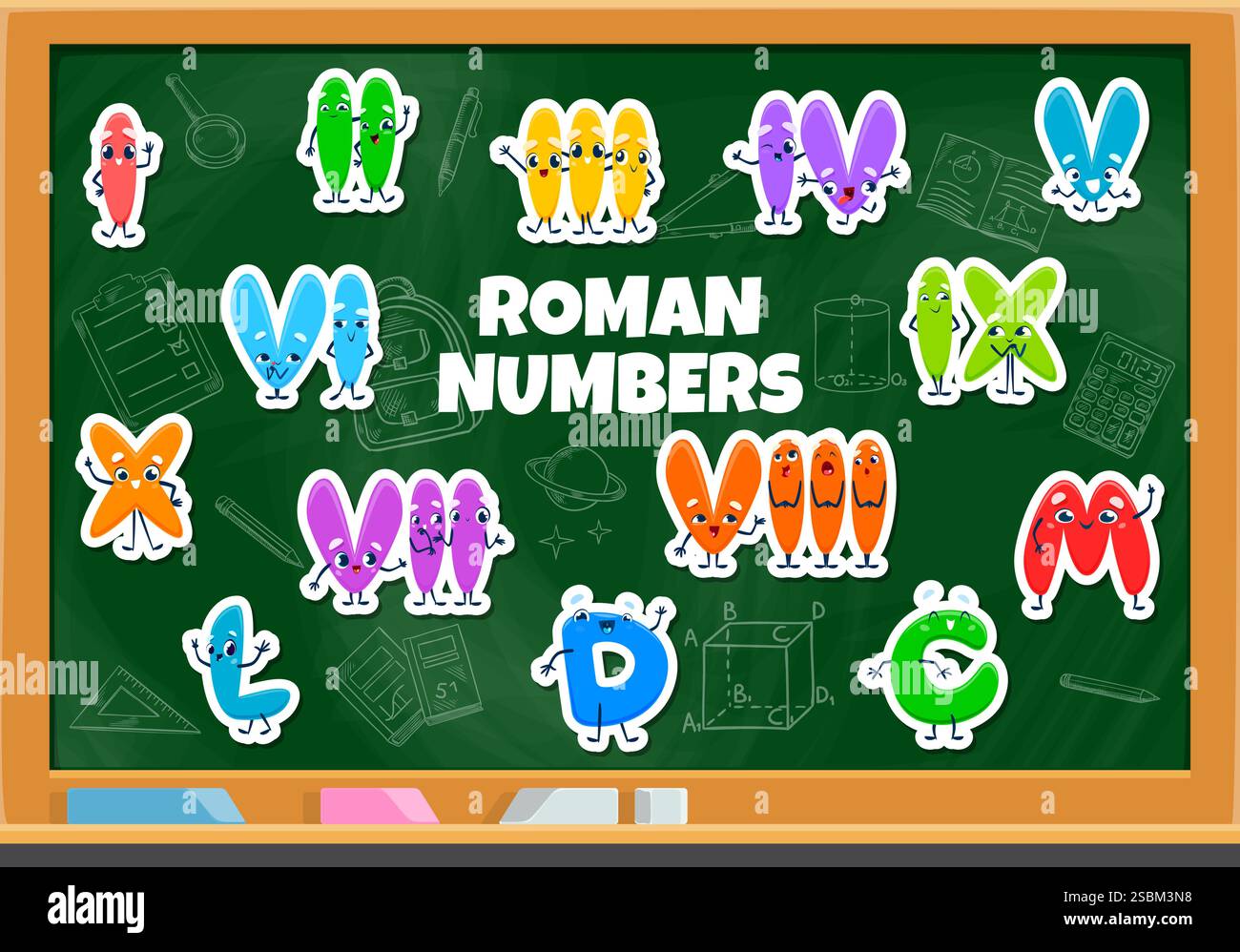 Cartoon Roman number characters stickers pack for kids mathematics ...