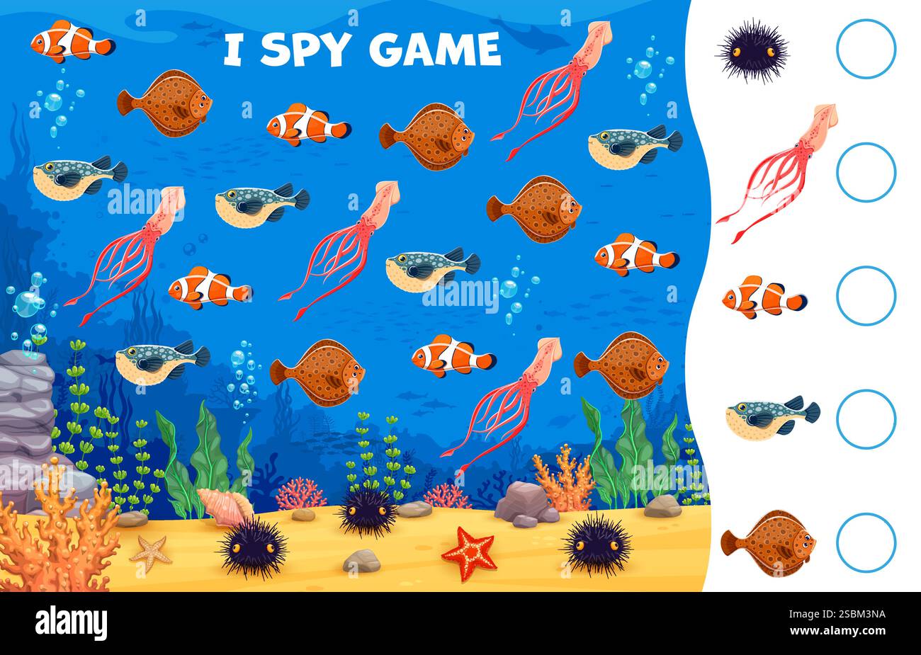I spy game worksheet with sea underwater animals and fishes, vector ...