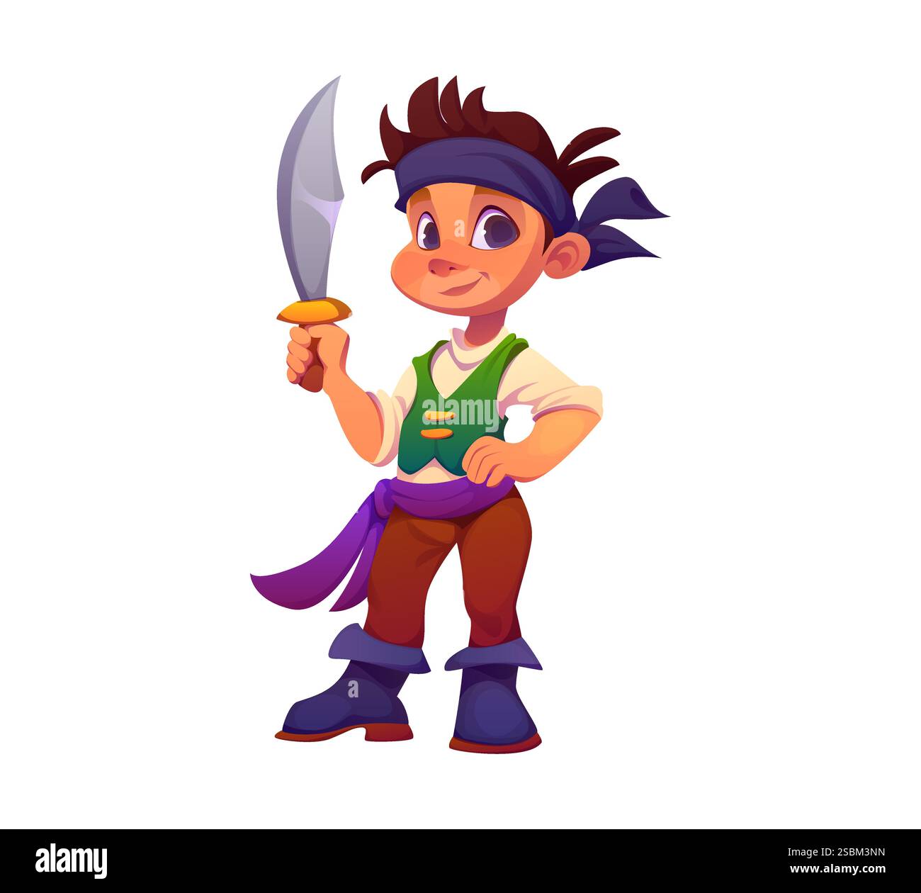 Cartoon kid pirate or corsair character with saber sword, vector captain sailor personage. Happy ...