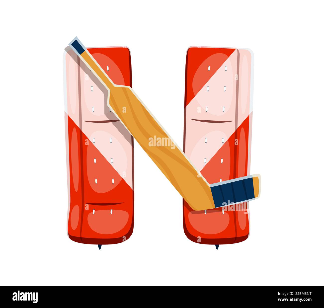 Cartoon letter N as hockey goalkeeper bat and protective knee pads ...