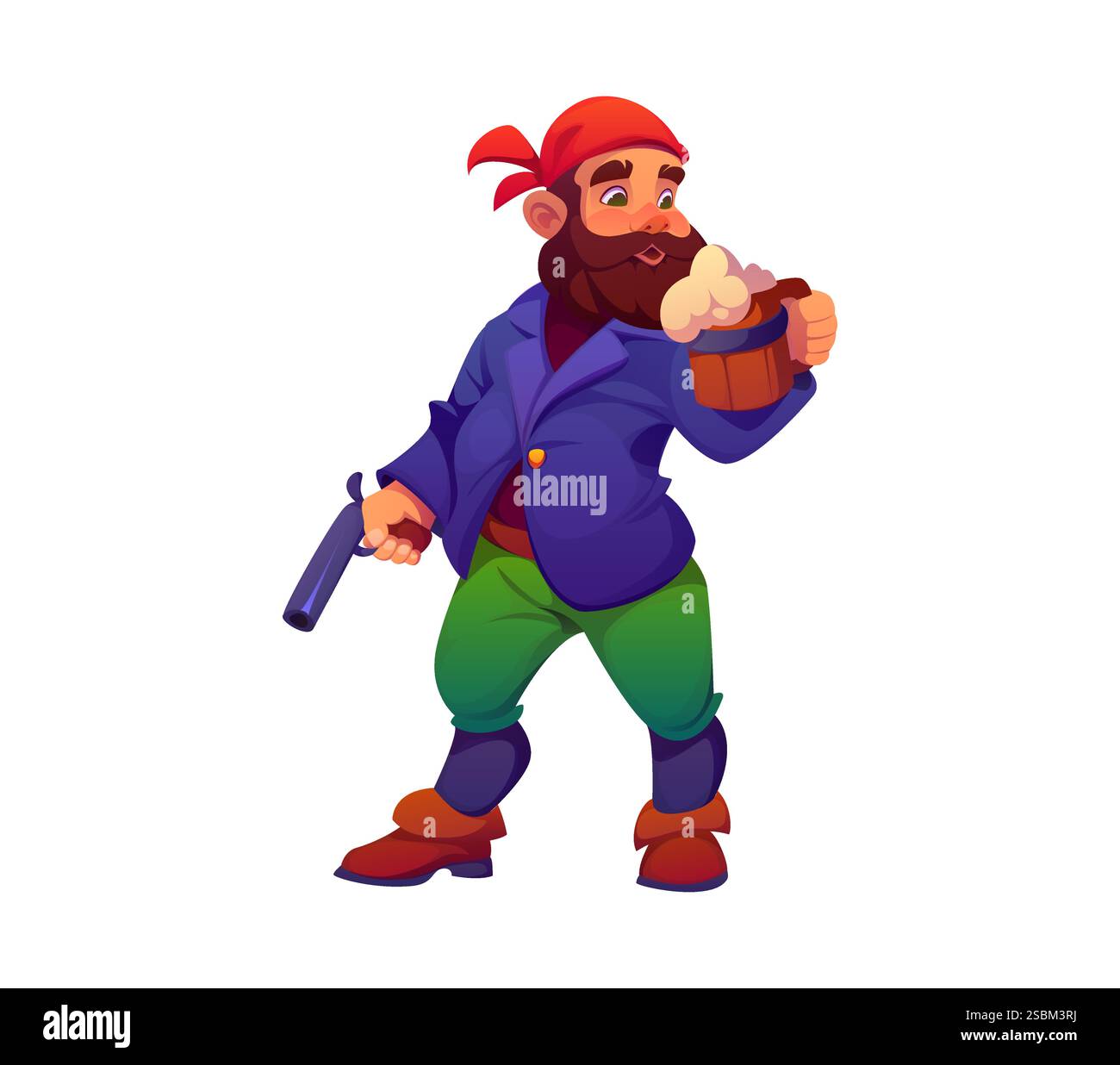 Cartoon pirate sailor or corsair captain with beer mug and gun, vector character. Caribbean ...