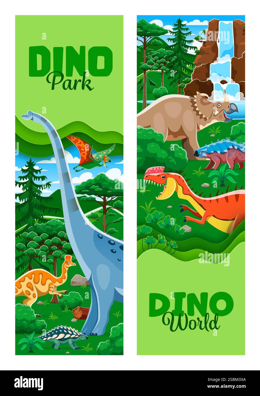 Paper cut dino park banners of cartoon prehistoric dinosaurs with trees ...