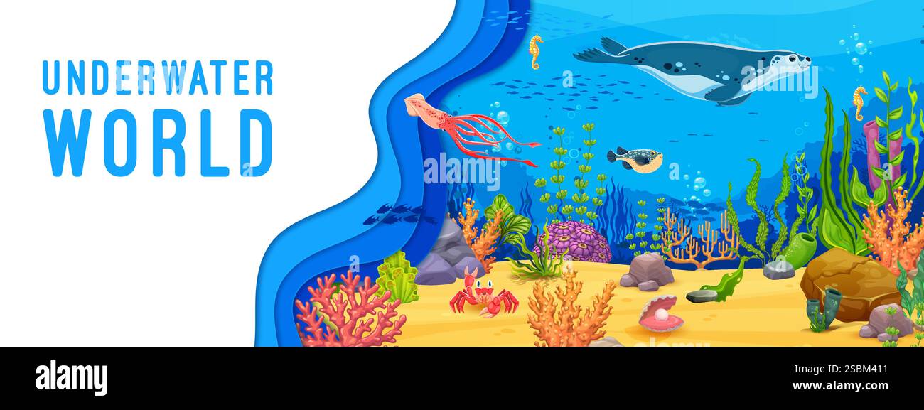 Oceanarium or underwater world park banner with sea animals at ocean ...