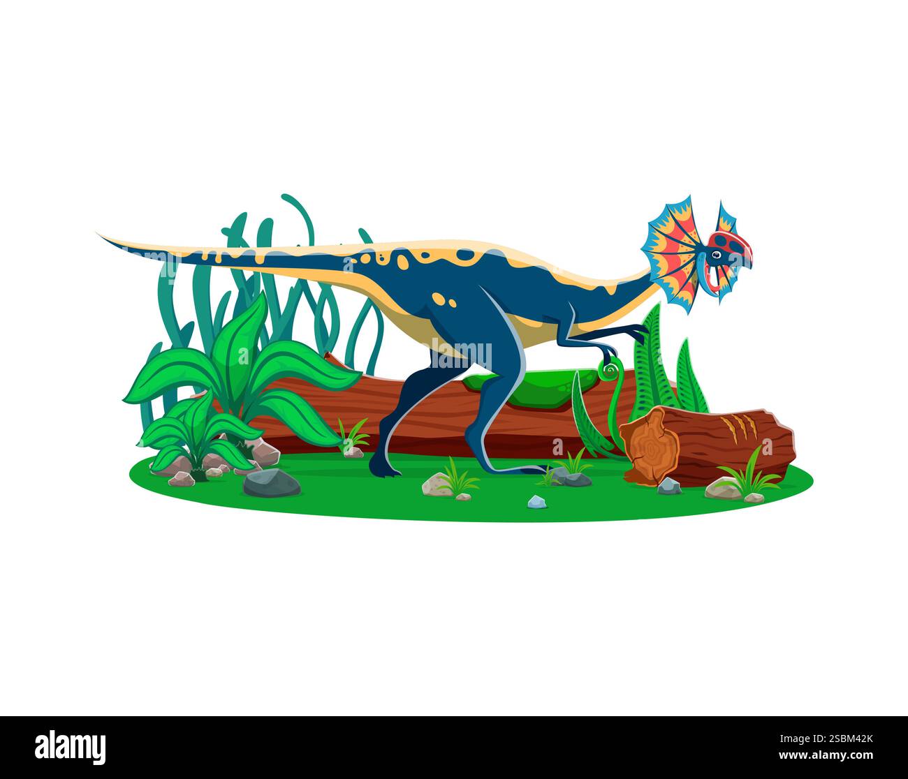 Dilophosaurus prehistoric dinosaur cartoon character at lush landscape ...