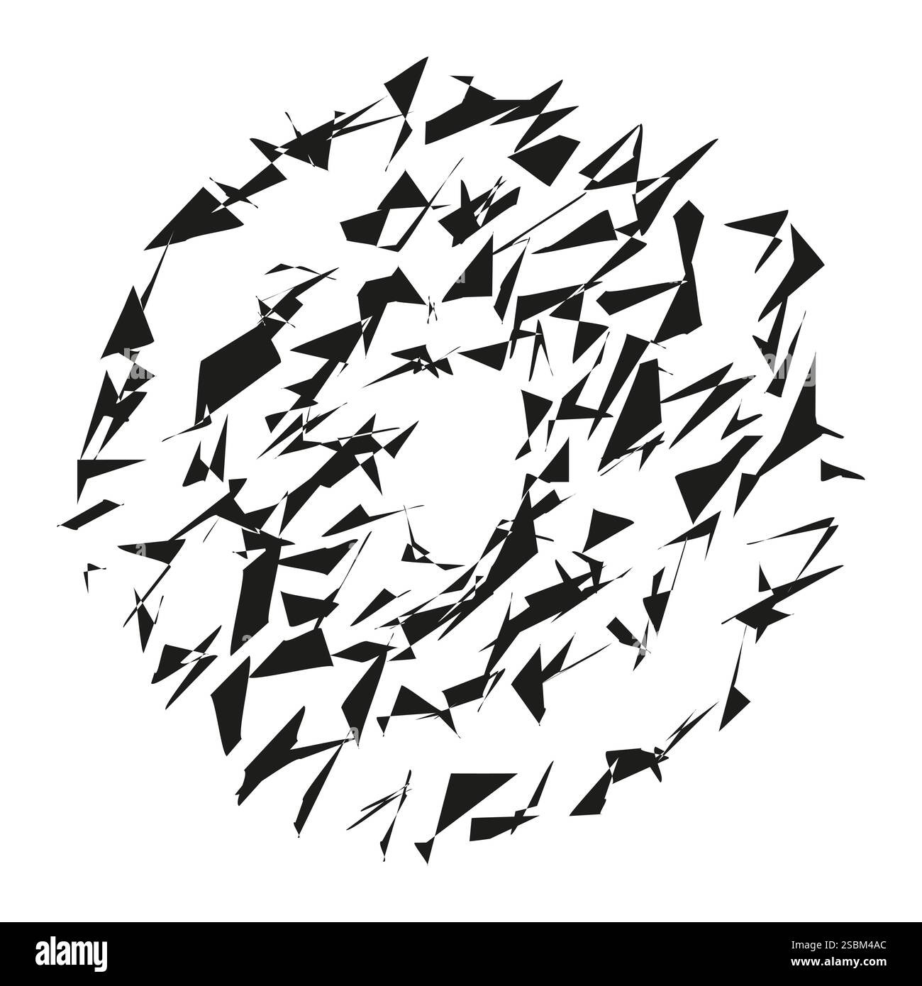 Shattered shapes spiral. Dynamic geometric pieces. Black abstract form ...